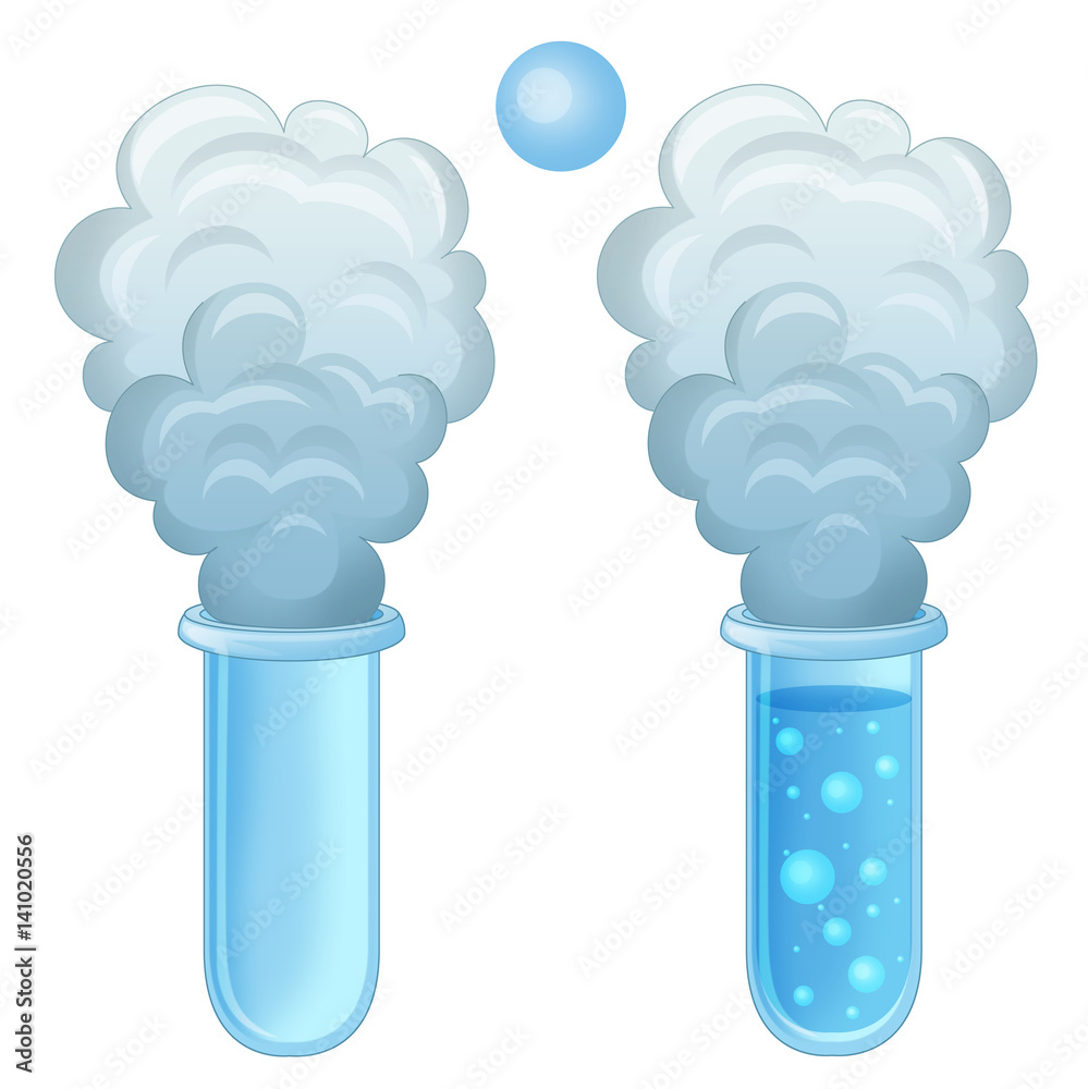 cartoon set of science glass tubes with some chemical reaction ...