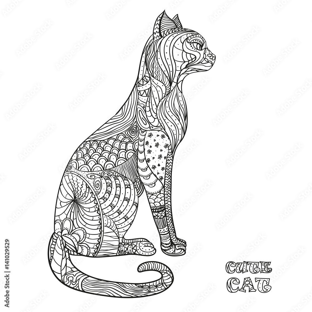 Cat. Design Zentangle. Hand drawn cat with abstract patterns on ...
