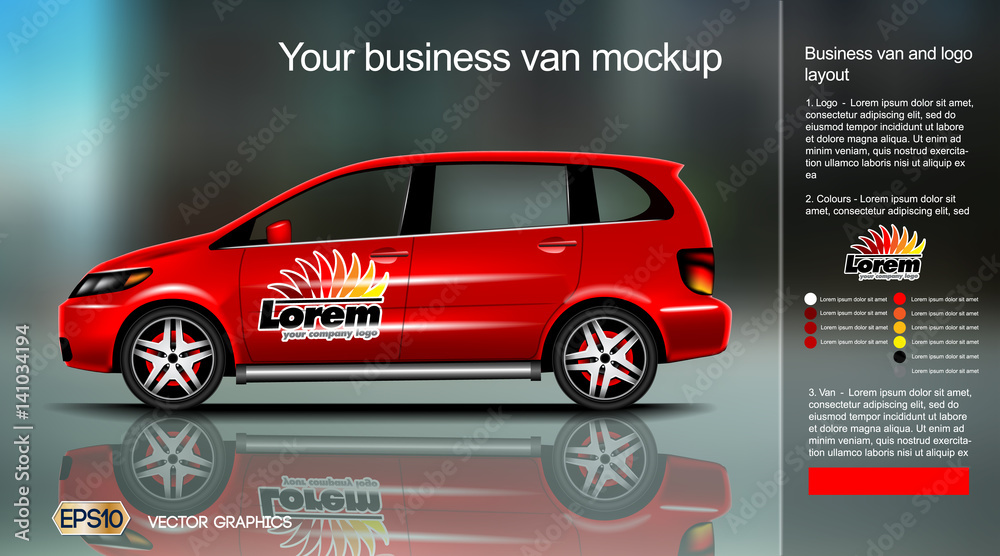 Digital vector red new modern business vehicle van close up mockup ...