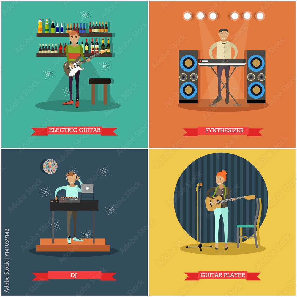 Vector set of musical instruments concept posters in flat style Stock ...