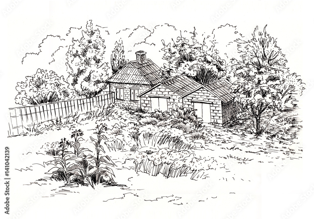 Sketch of rural landscape with old cottage, barn, garage and garden ...