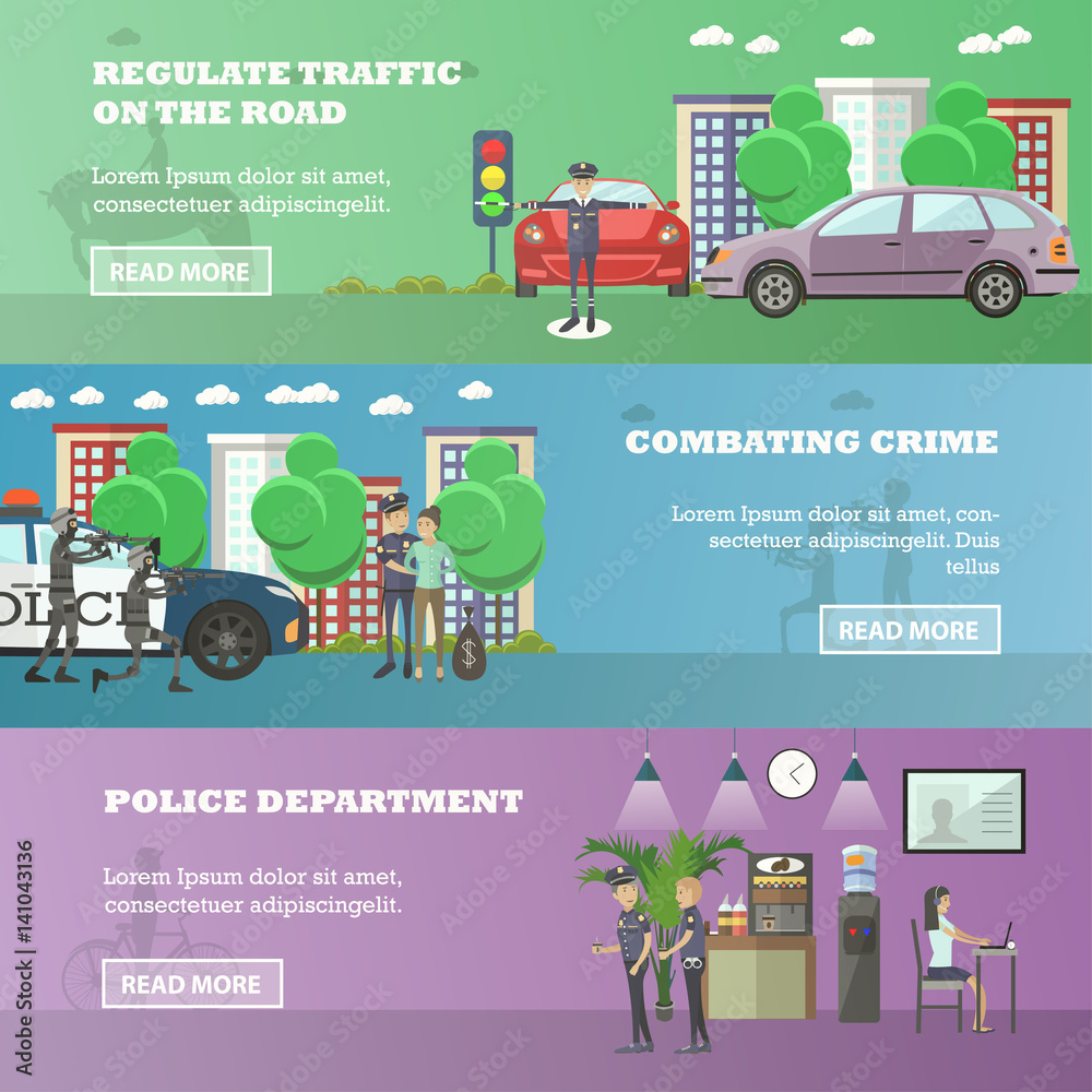 Vector set of police horizontal banners in flat style. Stock Vector ...