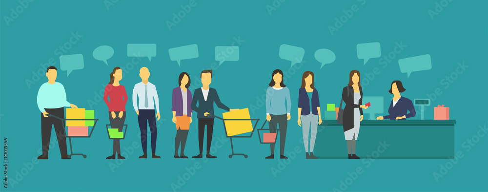 Queue different people in grocery store. Crowd staying in line. Stock ...