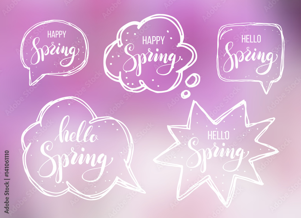 Hello spring. Lettering on speech bubbles. Vector illustration Stock ...