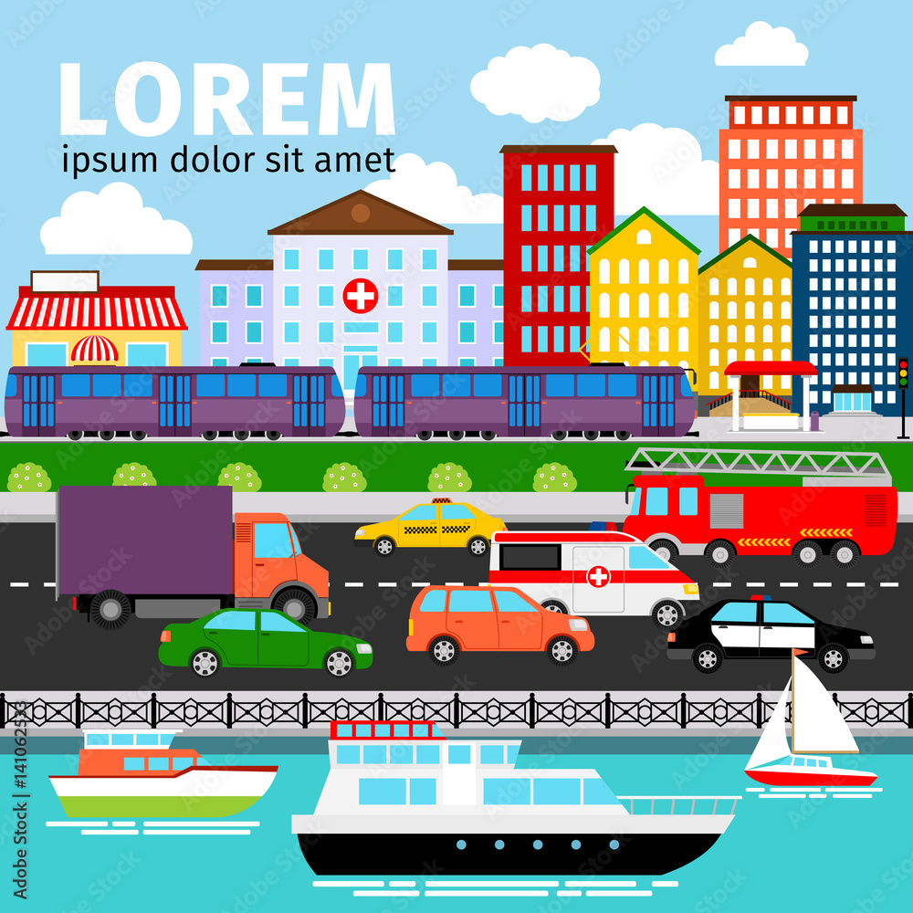 City street view vector illustration. Urban panorama background with ...