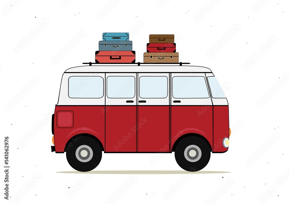 Cartoon red retro bus with suitcases Stock Vector | Adobe Stock