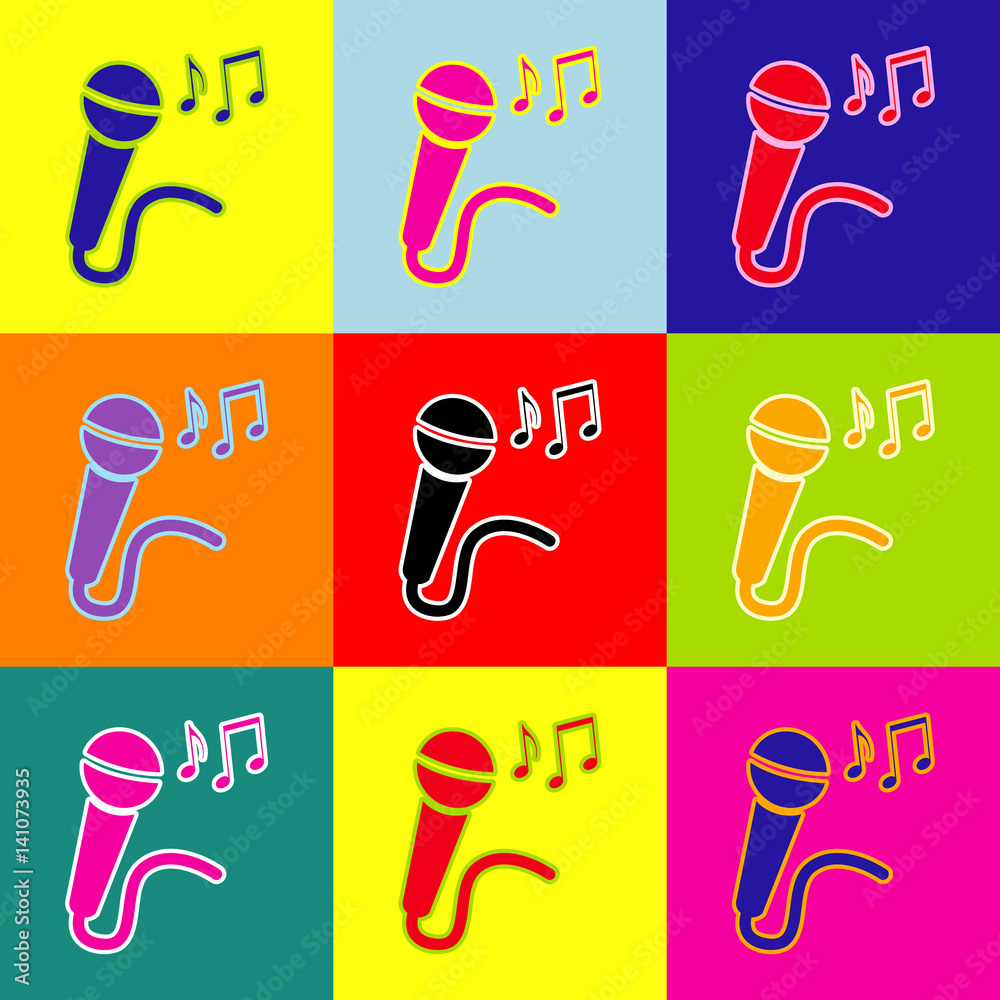 Microphone sign with music notes. Vector. Pop-art style colorful icons ...