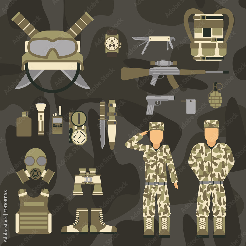 Military character weapon guns symbols armor man set forces design and ...