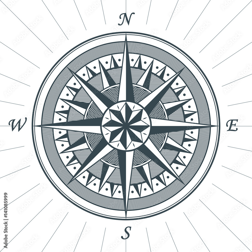 Vintage old antique wind rose nautical compass sign label emblem ...