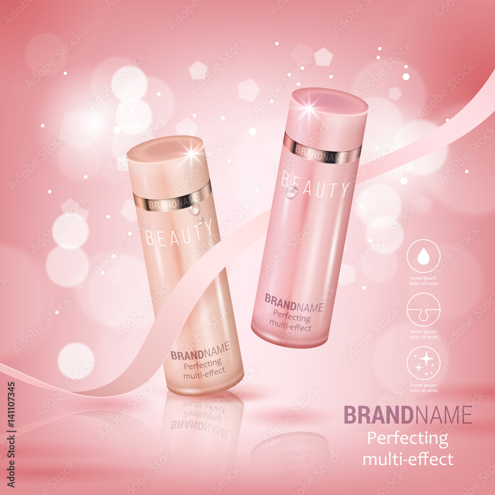 Elegant cosmetic bottles realistic vector illustration isolated on pink ...
