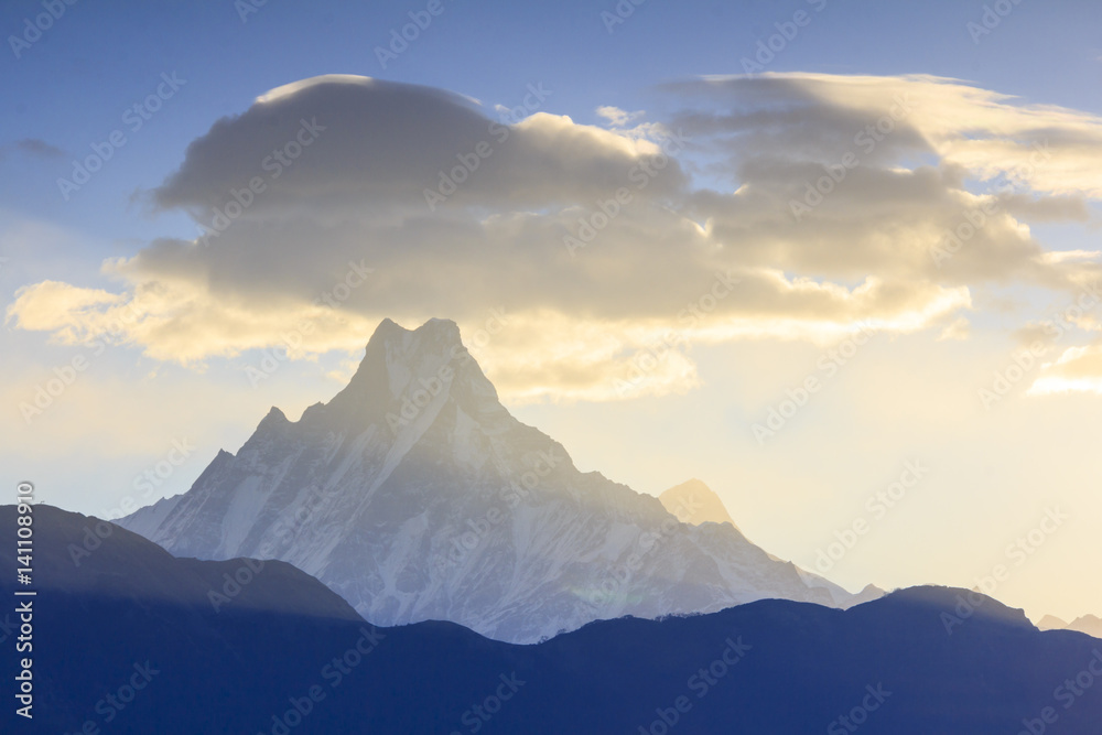 Machapuchare mountain range with sunrise view from Poonhill, famous ...
