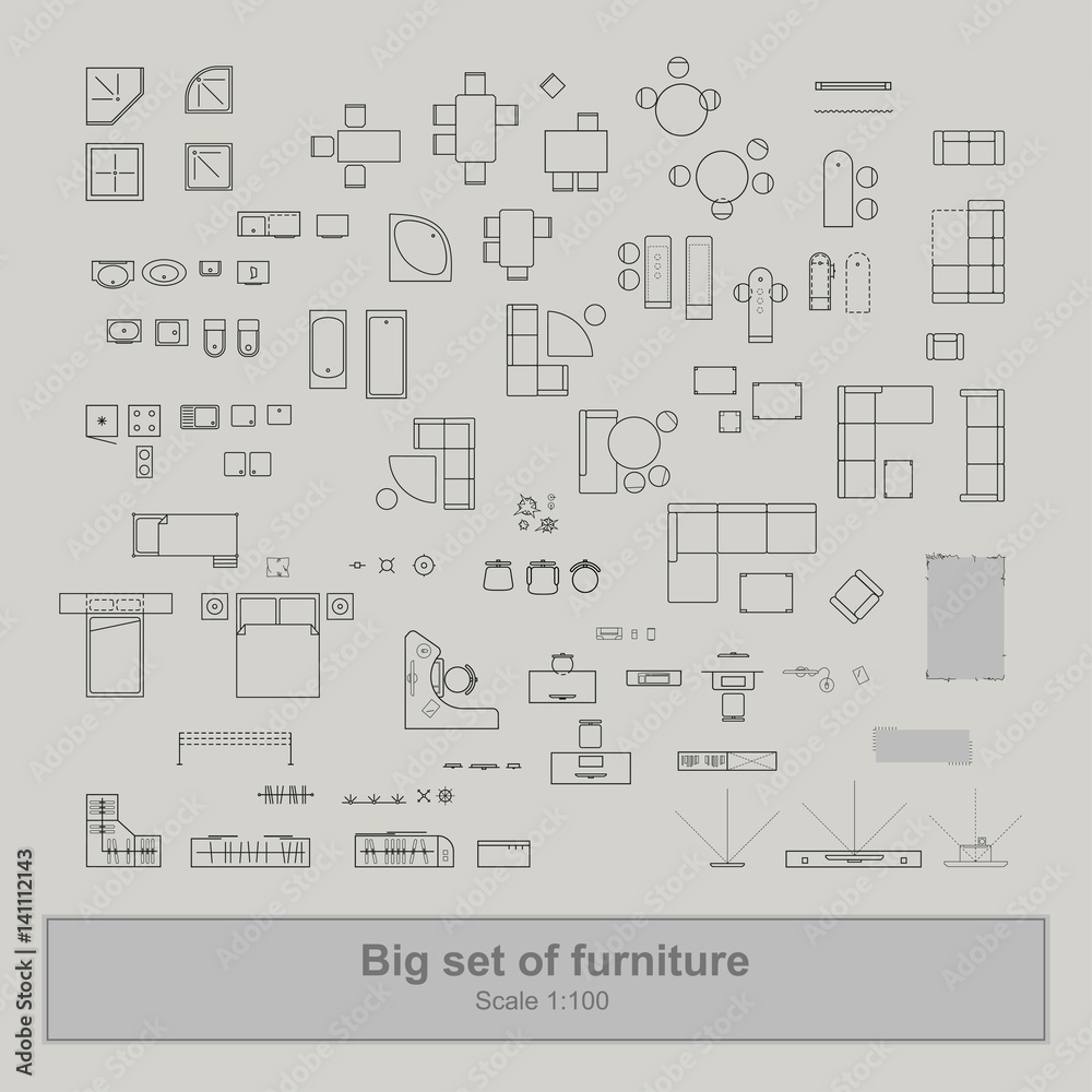 Architecture plan with furniture in top view. Set top view for interior ...