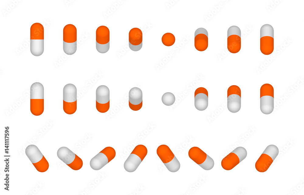 Orange tablets, Medicine capsules, vector illustration, different ...