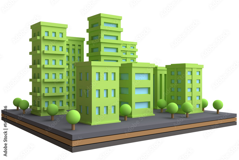 Cartoon cityscape in funny cute style. Isolate city area with modern ...