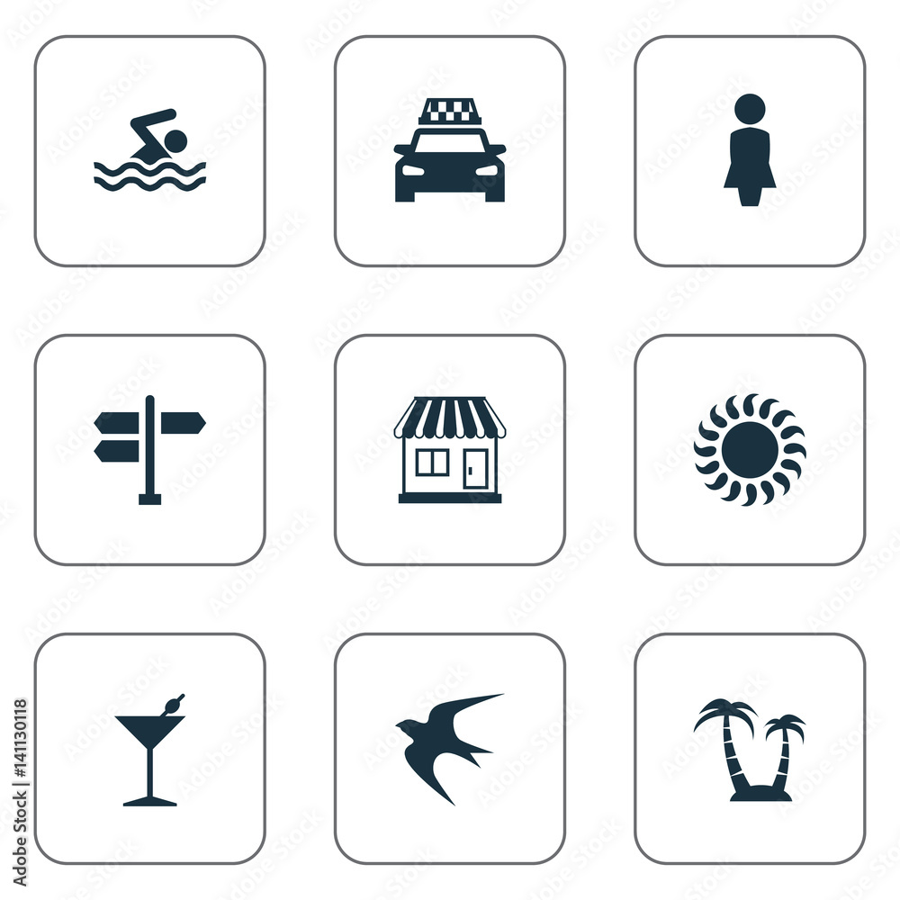 Vector Illustration Set Of Simple Beach Icons. Elements Taxi, Swimming ...