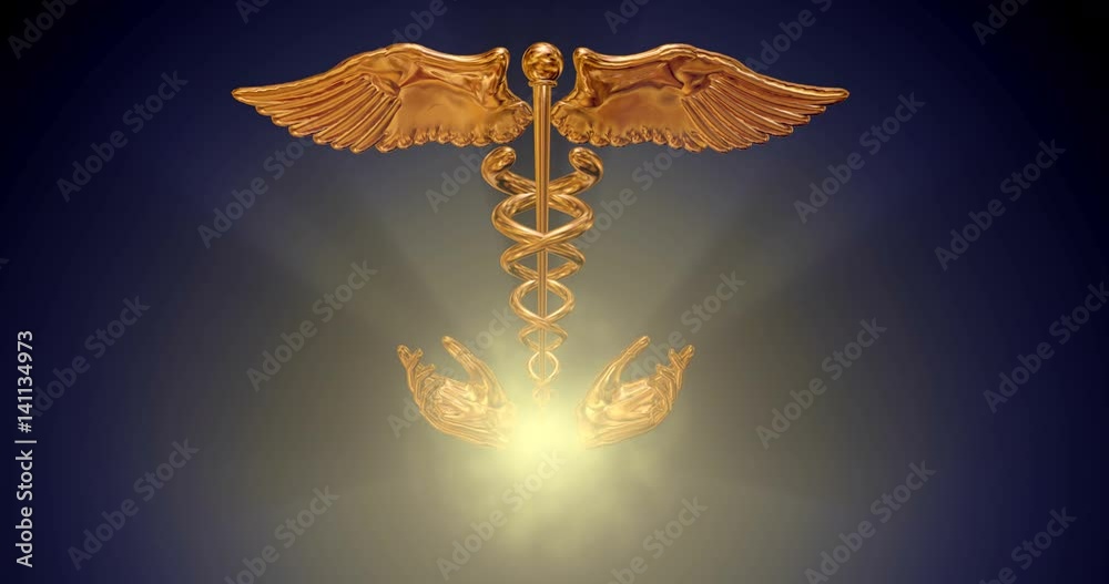 End of Life care with medical caduceus symbol and open hands, energy ...