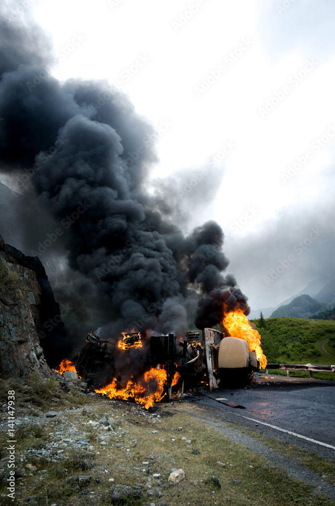 Burning gas tank truck road accident Stock Photo | Adobe Stock