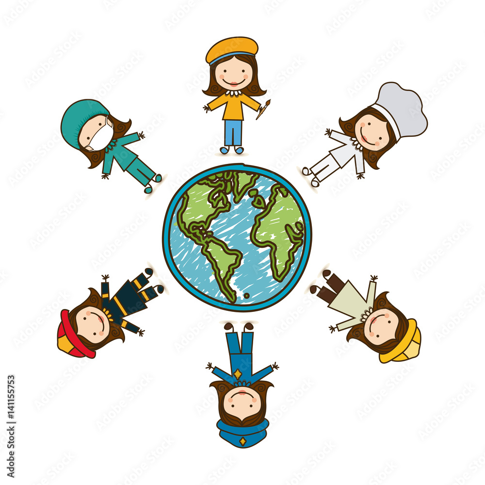colorful caricature female people professions around world earth map ...
