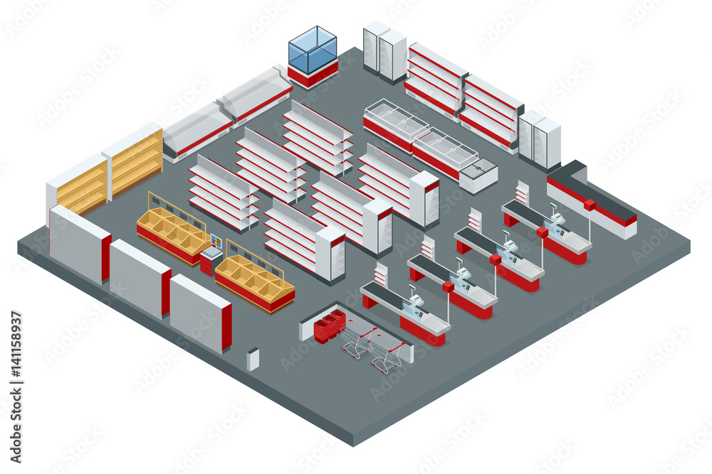Vector isometric supermarket interior plan. Image includes store cross ...