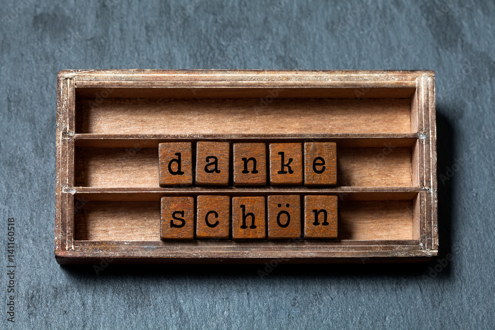 Danke schon Thank you in German translation. Vintage box, wooden cubes ...