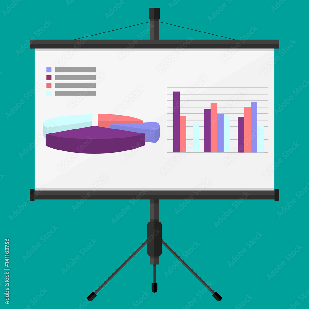 Projector screen with business presentation. chart pie, financial ...