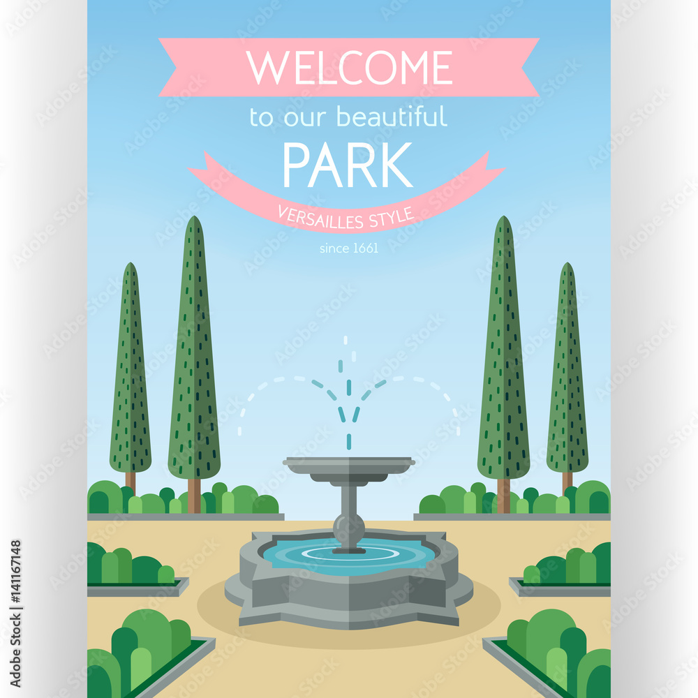 Welcome to park poster template. Abstract idyllic landscape with ...