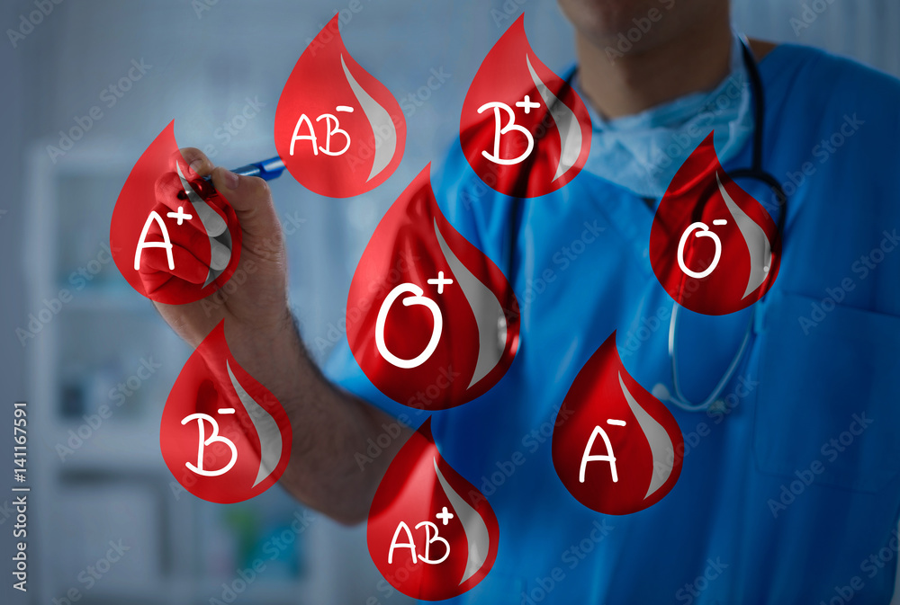 Blood drops with blood types, doctor holds a marker in the background ...