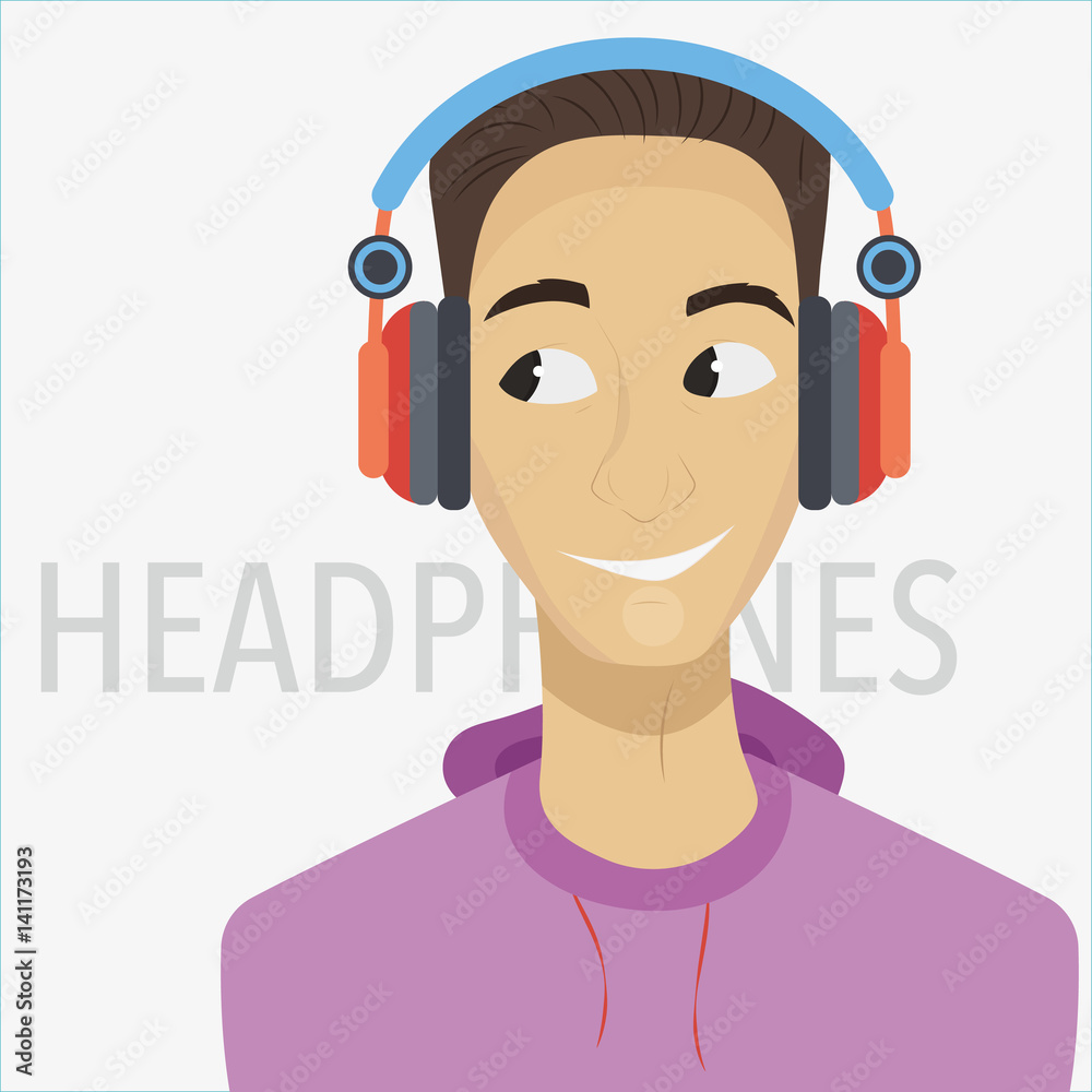 Young cartoon man with headphones and listening to music. Vector ...