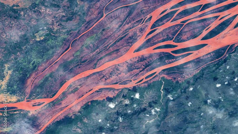 Flying over the earth on the ISS. Flying over the red river floodplain ...