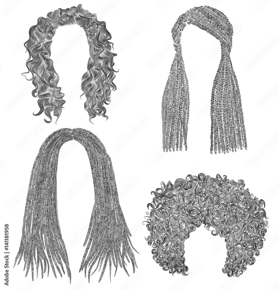 set of different dreadlocks cornrows round curly hairs . fashion beauty ...