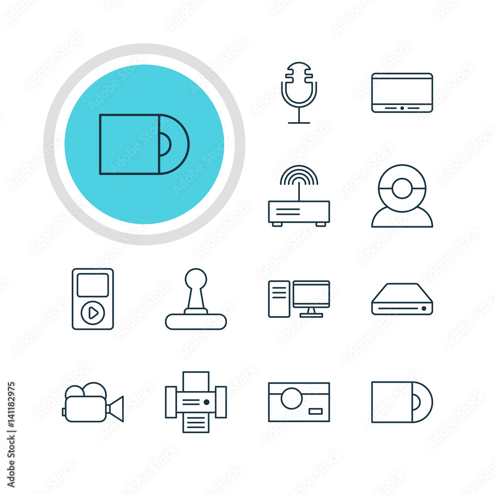 Vector Illustration Of 12 Device Icons. Editable Pack Of Dvd Drive ...