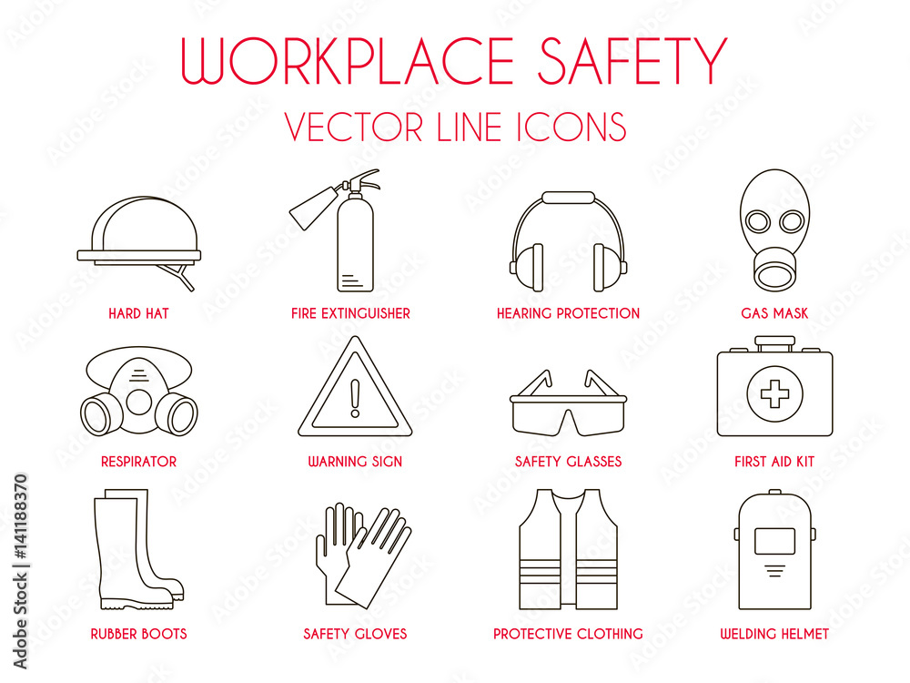 Workplace safety and personal protective equipment thin line icons set ...