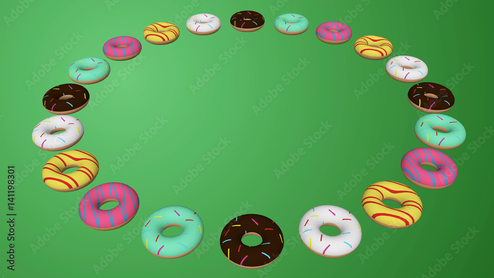 3D illustration of ring of colorful donuts over green screen, food ...