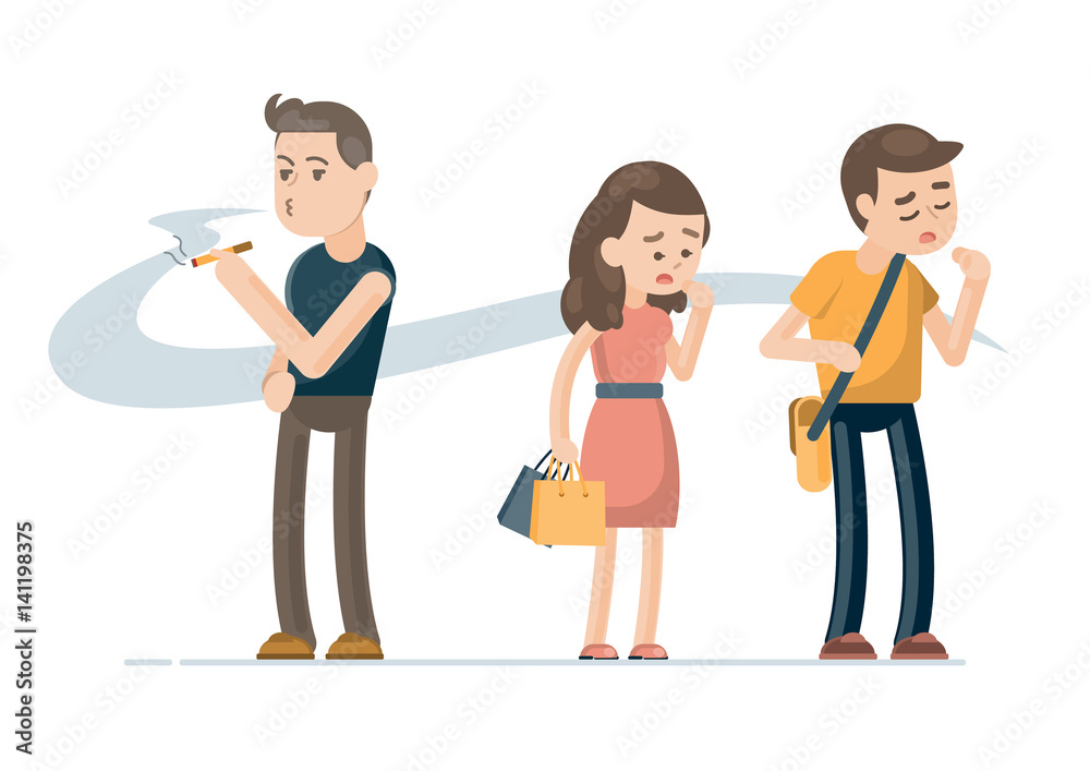 Young man smoking cigarette and people covering face from cigarette ...