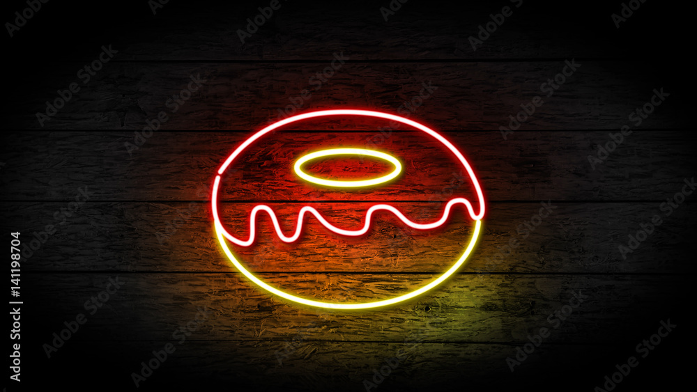 Realistic 3D illustration of Neon Donuts sign on grunge wooden wall ...