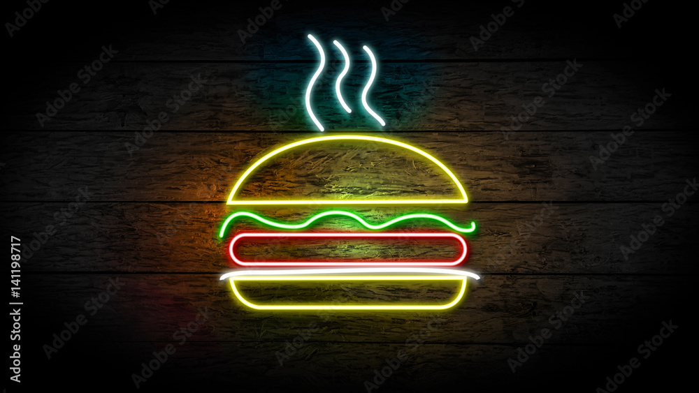 Realistic 3D illustration of Neon Hamburger sign on grunge wood wall ...