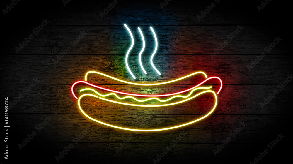 Realistic 3D illustration of Neon Hot Dogs sign on grunge wood wall ...