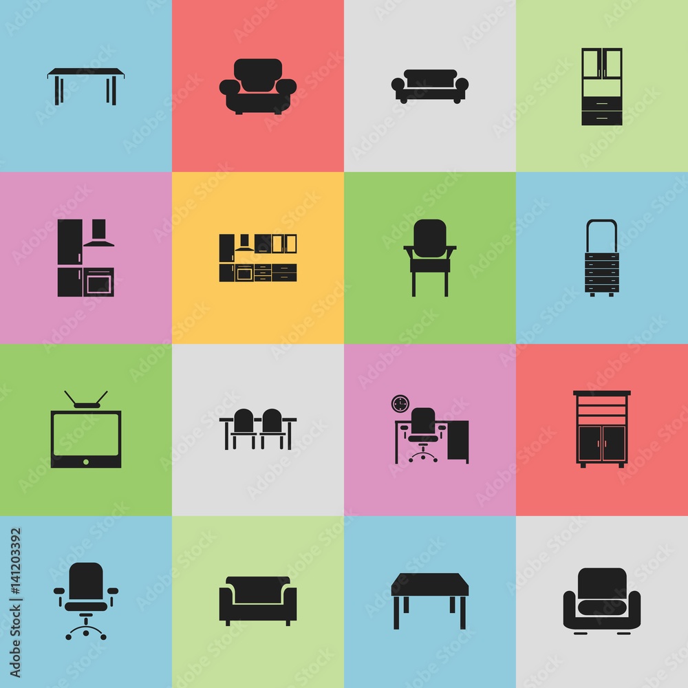 Set Of 16 Editable Home Icons. Includes Symbols Such As Couch, Recliner ...