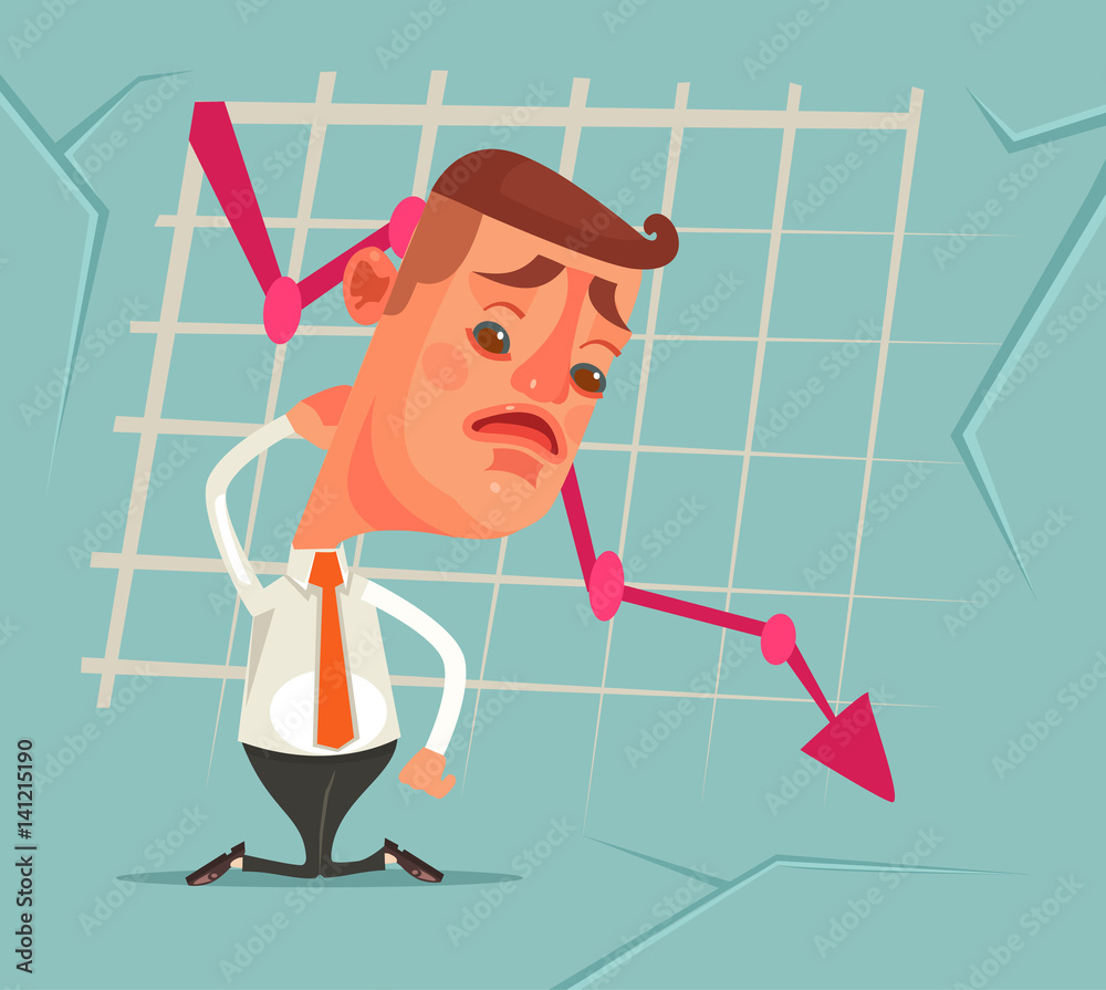 Business fail. Graph down. Sad unhappy office worker. Vector flat ...