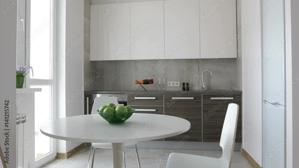 4K. Interior of modern kitchen in scandinavian style. Motion panoramic ...