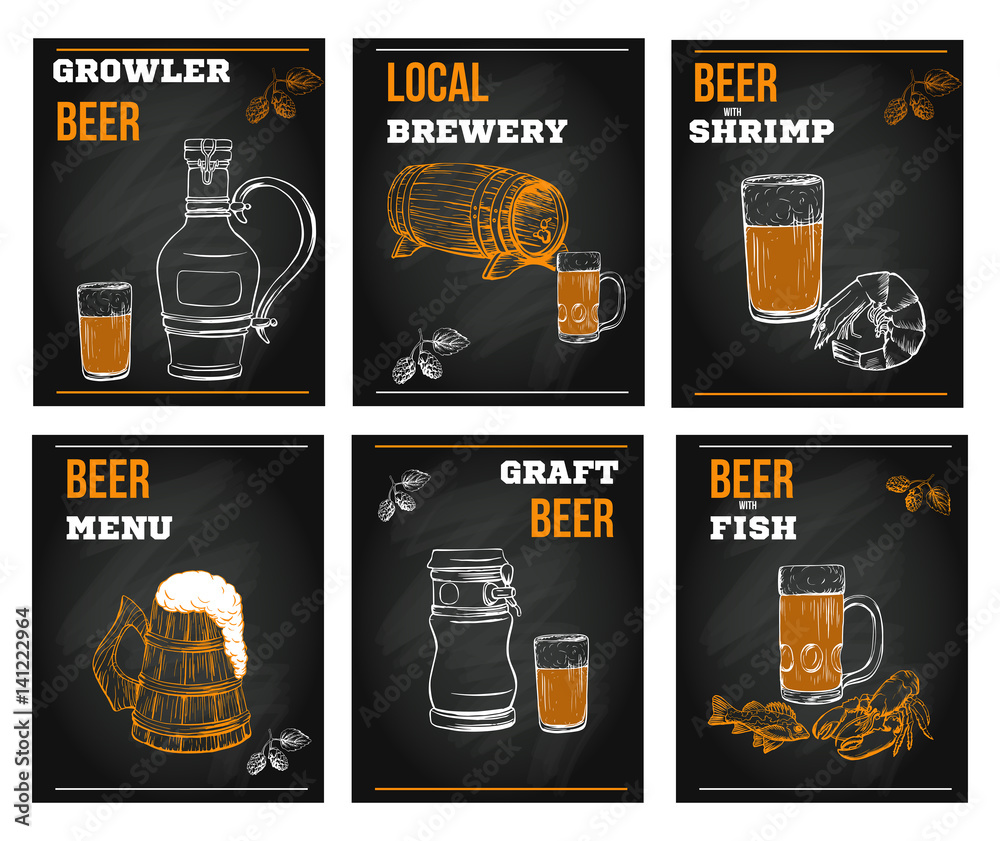 Beer menu elements in sketch hand drawn style on chalkboard including ...