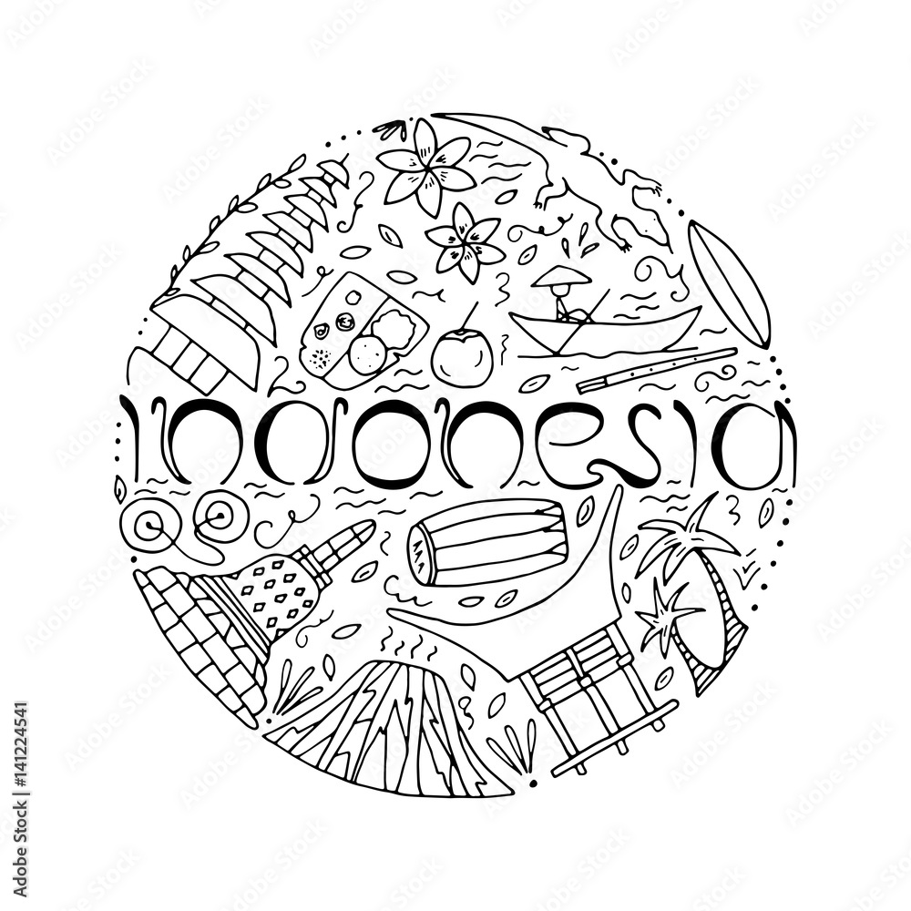 Hand drawn concept with symbols of Indonesia. Stock Vector | Adobe Stock