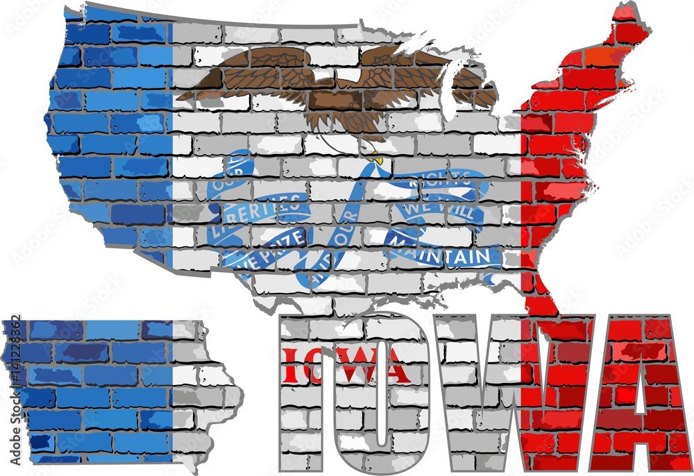 Iowa on a brick wall - Illustration, Font with the Iowa flag, Iowa map ...