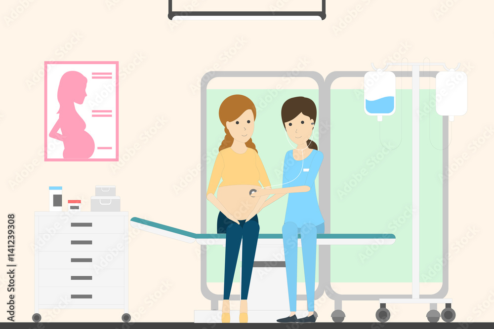 Examination of pregnant woman. Prenatal clinic with female gynecologist ...