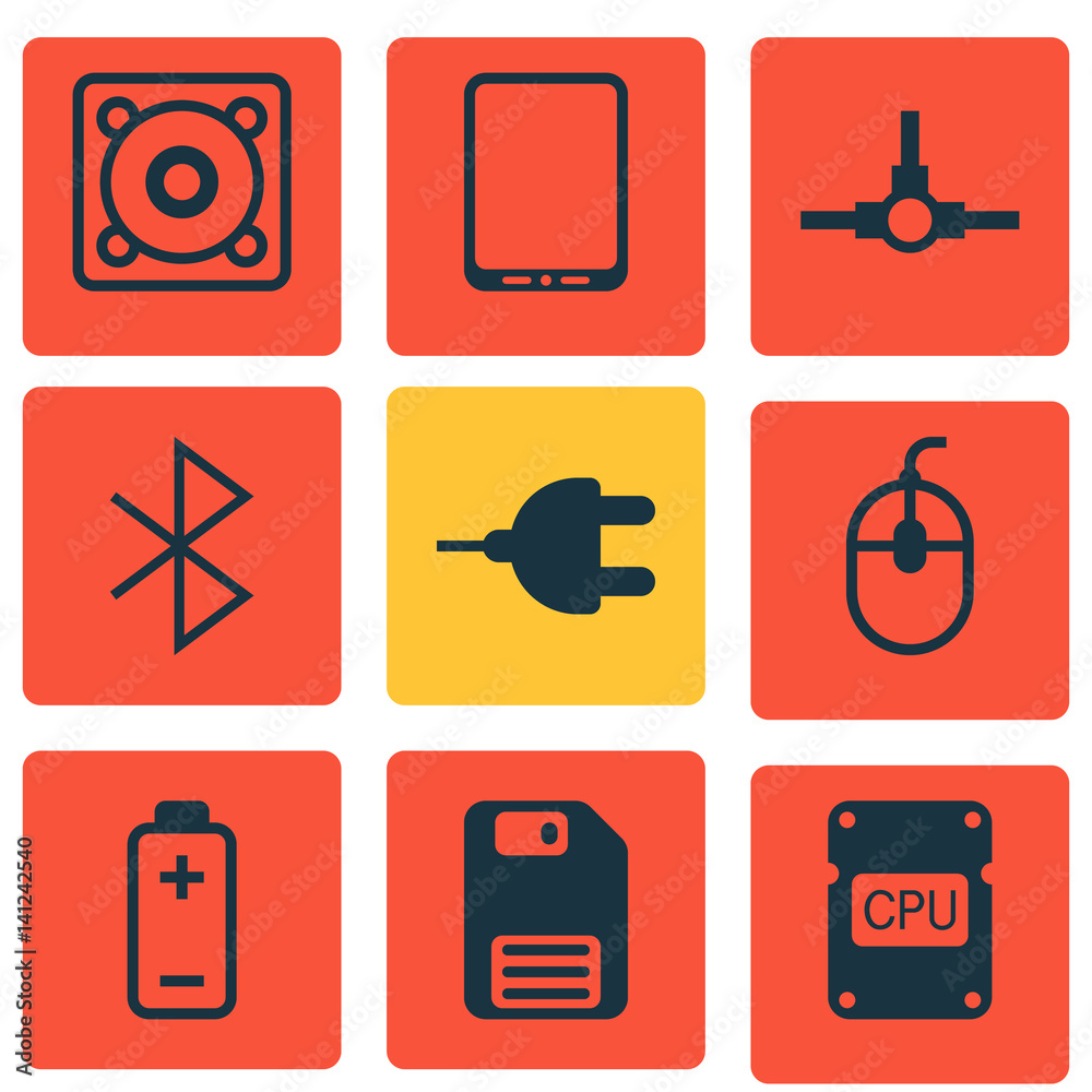 Set Of 9 Computer Hardware Icons. Includes Connector, Cpu, Wireless ...