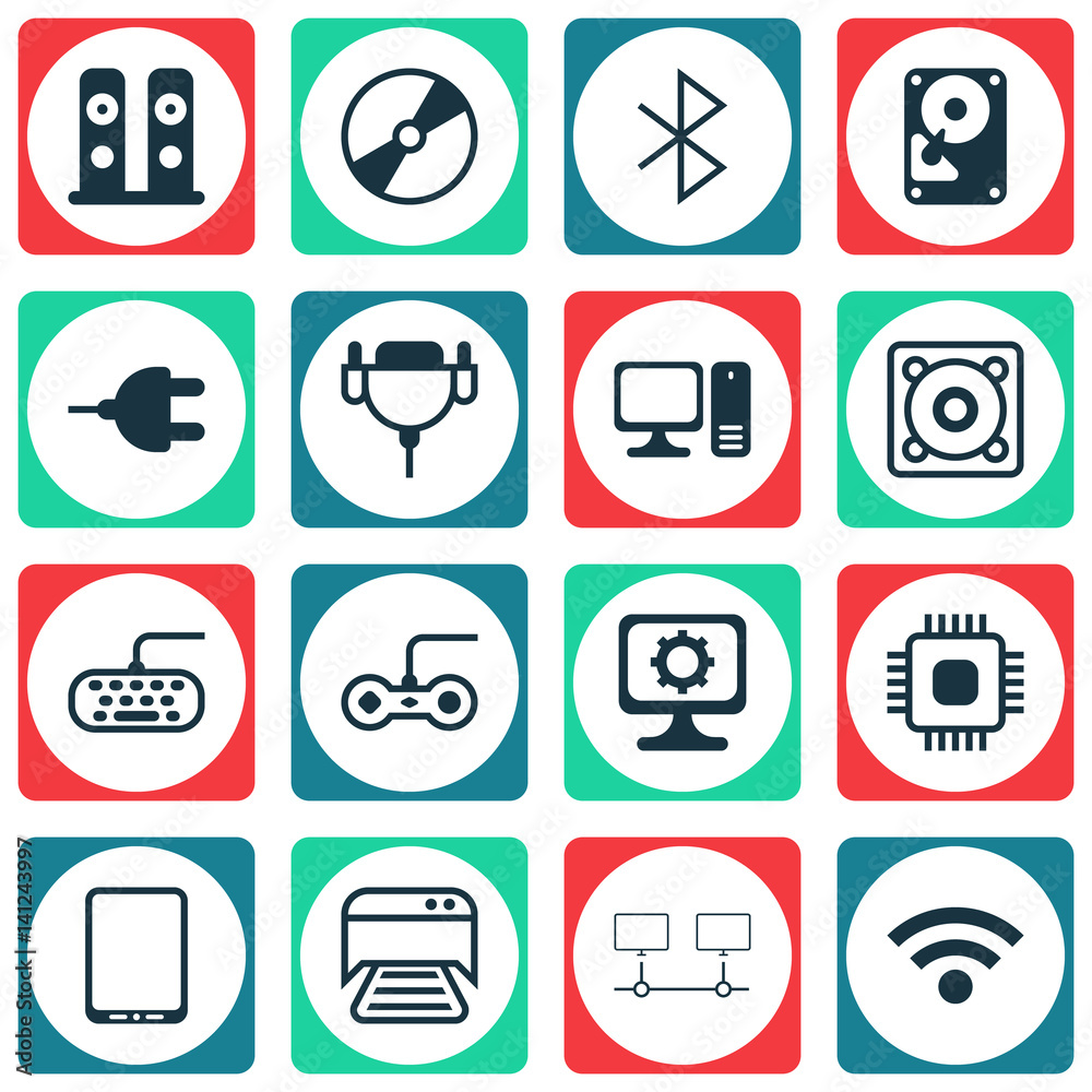 Set Of 16 Computer Hardware Icons. Includes Chip, Computer Keypad, PC ...