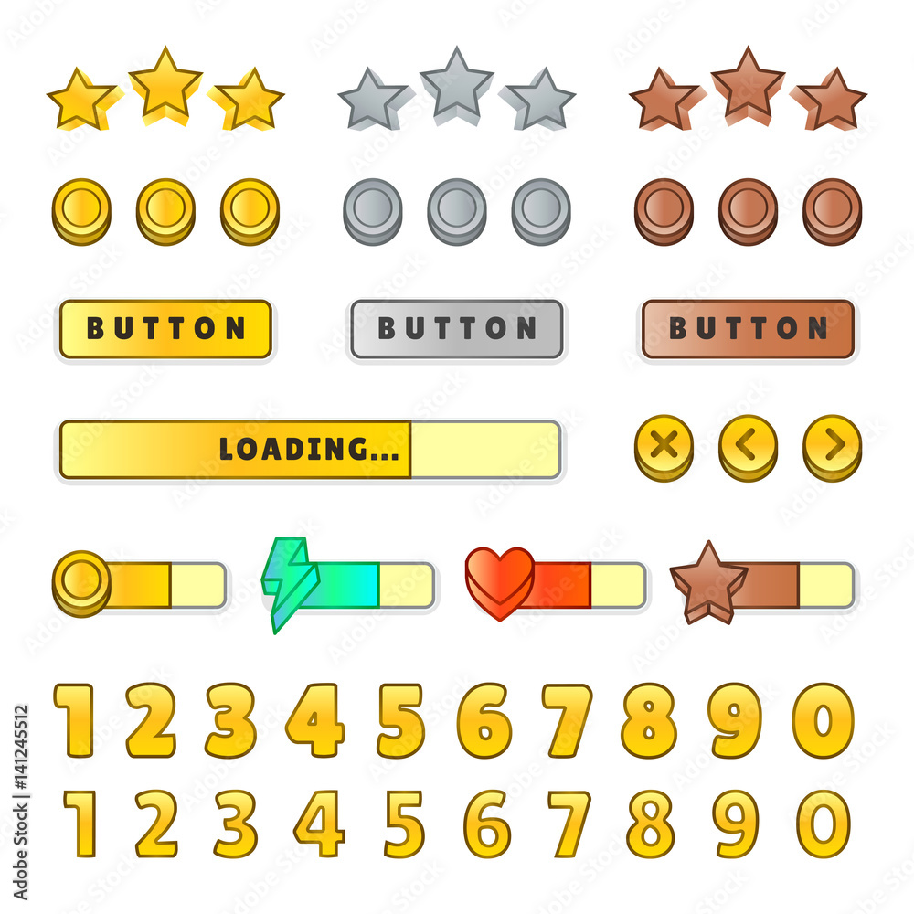 Game graphical user Interface GUI. Design, buttons and icons. Game ui ...