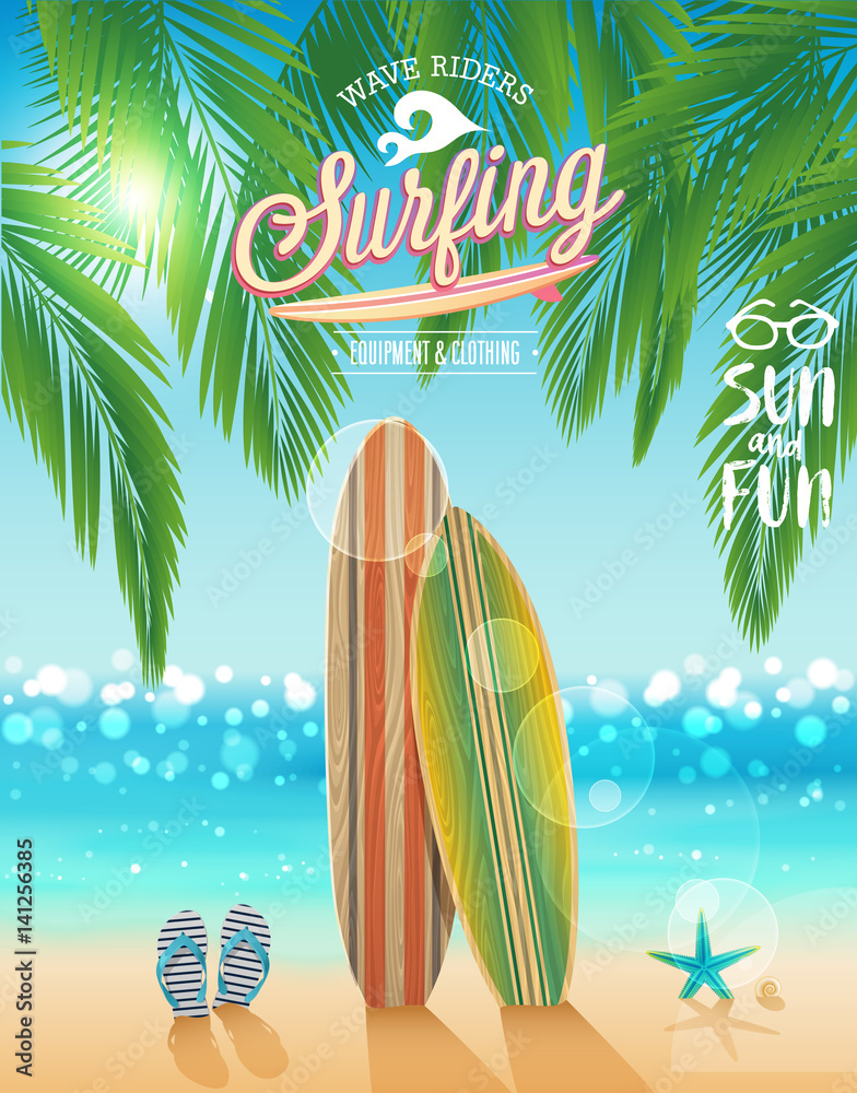 Surfing poster with tropical beach background. Stock Vector | Adobe Stock