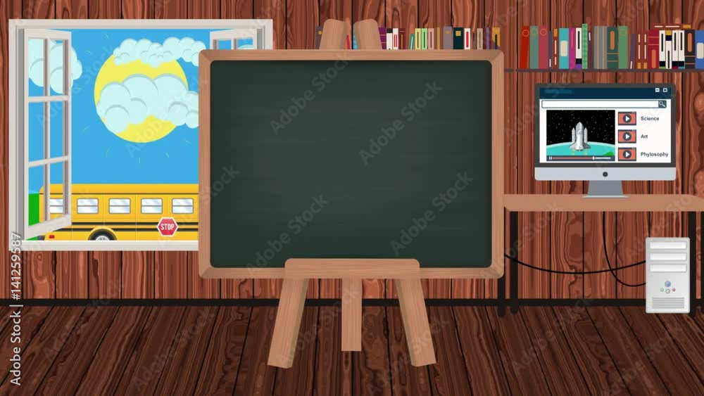 Cartoon Blackboard in a Children Classroom with a School Bus Stock ...