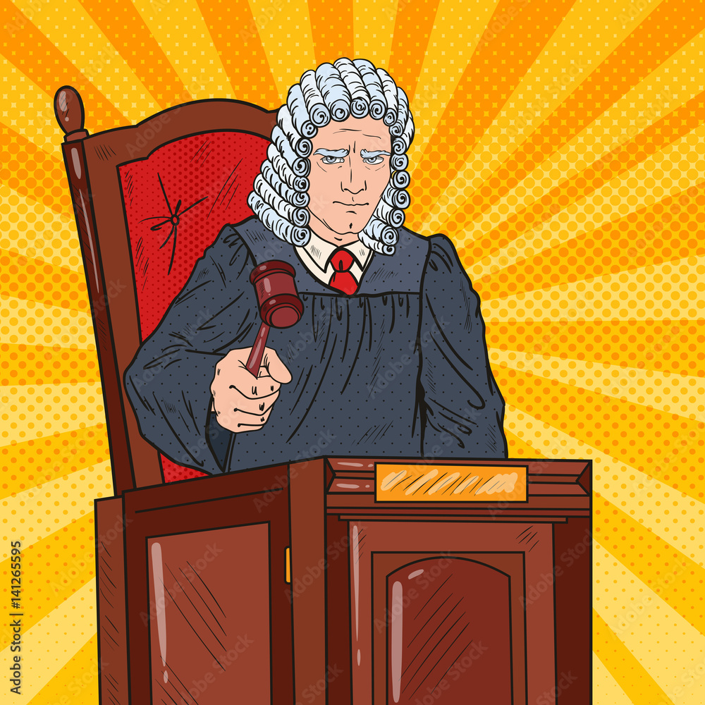 Pop Art Senior Judge in Courtroom Striking the Gavel. Law and Justice ...